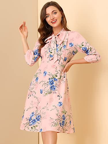 Allegra K Women's Floral Tie Neck 3/4 Sleeve Office Work Midi Flowy Flare Dress Large Pink