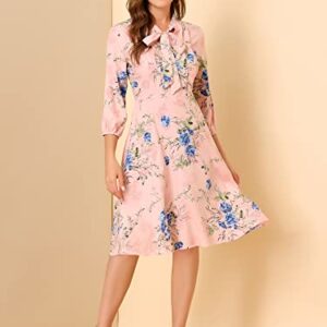 Allegra K Women's Floral Tie Neck 3/4 Sleeve Office Work Midi Flowy Flare Dress Large Pink