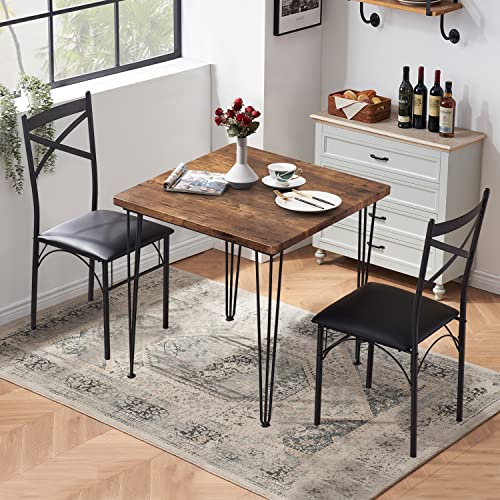 VECELO 3-Piece Dining Room Kitchen Table and Pu Cushion Chair Sets for Small Space, Seating for Two, Brown