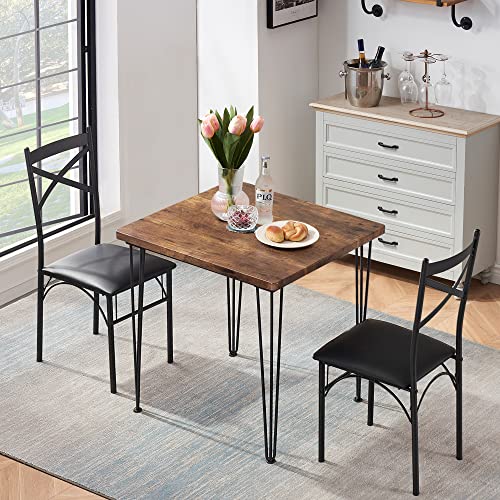 VECELO 3-Piece Dining Room Kitchen Table and Pu Cushion Chair Sets for Small Space, Seating for Two, Brown