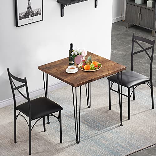 VECELO 3-Piece Dining Room Kitchen Table and Pu Cushion Chair Sets for Small Space, Seating for Two, Brown