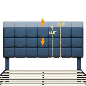 Yaheetech Queen Size Upholstered Platform Bed, Mattress Foundation with Height Adjustable Tufted Headboard and Wood Slat Support, No Box Spring Needed, Easy Assembly, Navy Blue