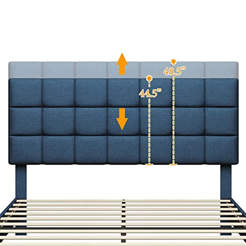 Yaheetech Queen Size Upholstered Platform Bed, Mattress Foundation with Height Adjustable Tufted Headboard and Wood Slat Support, No Box Spring Needed, Easy Assembly, Navy Blue