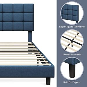 Yaheetech Queen Size Upholstered Platform Bed, Mattress Foundation with Height Adjustable Tufted Headboard and Wood Slat Support, No Box Spring Needed, Easy Assembly, Navy Blue