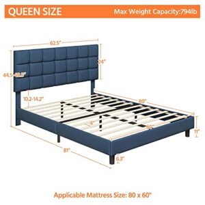 Yaheetech Queen Size Upholstered Platform Bed, Mattress Foundation with Height Adjustable Tufted Headboard and Wood Slat Support, No Box Spring Needed, Easy Assembly, Navy Blue