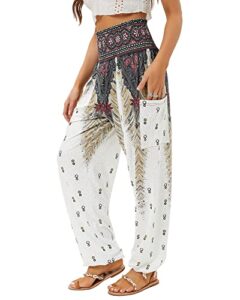 qianxizhan women's harem pants, high waist yoga boho trousers with pockets white m