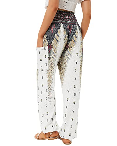 QIANXIZHAN Women's Harem Pants, High Waist Yoga Boho Trousers with Pockets White M