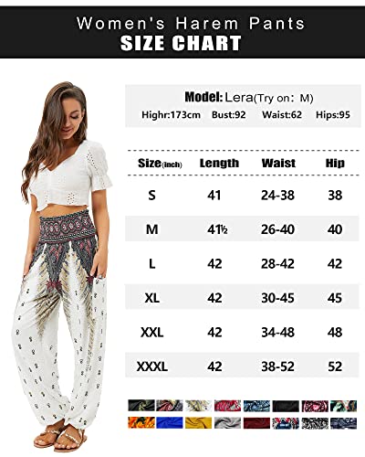 QIANXIZHAN Women's Harem Pants, High Waist Yoga Boho Trousers with Pockets White M