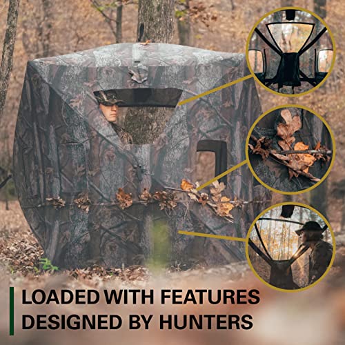 Black Hoof Outdoors 360 Degree View Hunting Blind, See Through Ground Blind for Deer & Turkey, Pop Up Hub Design Tent with Stakes for 2-3 Person, Camouflage Screen and Adjustable Windows for Gun & Bow