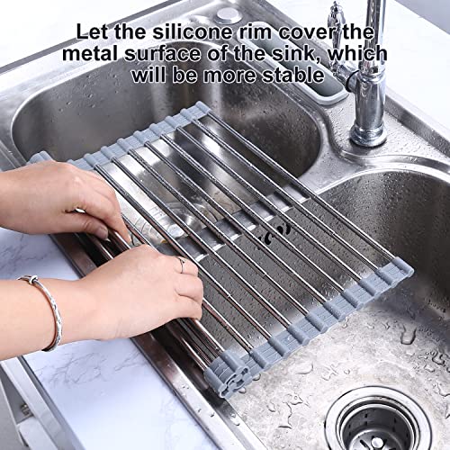 Expandable Roll up Dish Drying Rack for Kitchen from 11” to 20”, Foldable Over-The-Sink Dish Drying Rack Space-Saving, Multipurpose Rolling Rack for Sink with Large Capacity, 13''x(11''~20''), Black