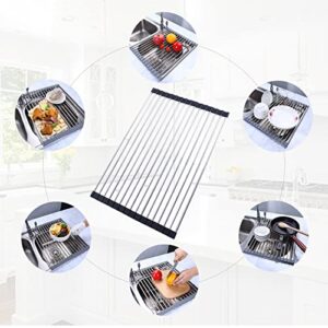 Expandable Roll up Dish Drying Rack for Kitchen from 11” to 20”, Foldable Over-The-Sink Dish Drying Rack Space-Saving, Multipurpose Rolling Rack for Sink with Large Capacity, 13''x(11''~20''), Black