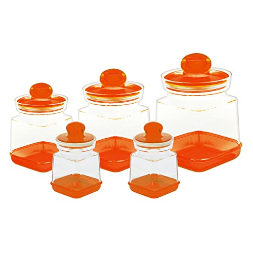 Cosmoplast Barocco Square Canister Collection, BPA-free food and pantry storage with airtight lid for coffee and tea storage, brown sugar. Orange. 5 pc set includes 2 mini, 1 small, 1 medium, 1 large