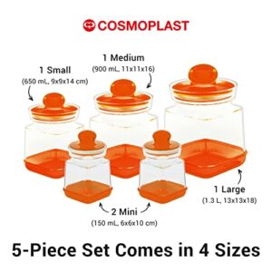 Cosmoplast Barocco Square Canister Collection, BPA-free food and pantry storage with airtight lid for coffee and tea storage, brown sugar. Orange. 5 pc set includes 2 mini, 1 small, 1 medium, 1 large