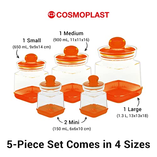 Cosmoplast Barocco Square Canister Collection, BPA-free food and pantry storage with airtight lid for coffee and tea storage, brown sugar. Orange. 5 pc set includes 2 mini, 1 small, 1 medium, 1 large