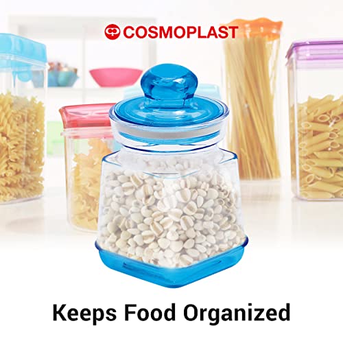 Cosmoplast Barocco Square Canister Collection, BPA-free food and pantry storage with airtight lid for coffee and tea storage, brown sugar. Orange. 5 pc set includes 2 mini, 1 small, 1 medium, 1 large