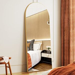 zmycz full length mirror, 65"x22" floor mirror with stand hanging or leaning, arched freestanding mirror, large wall mounted mirror with thin wood frame, dressing body mirror for bedroom (gold)