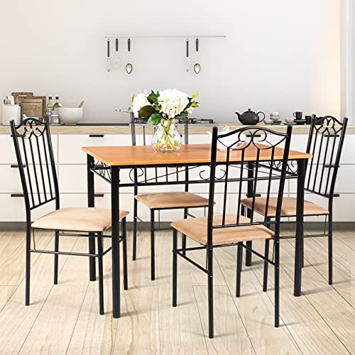 S AFSTAR Safstar 5-Piece Dining Table Set, Kitchen Vintage Table and Padded Chairs Set with Wood Tabletop & Metal Frame, Dining Room Table Set for 4, Ideal for Home Restaurant Kitchen Café