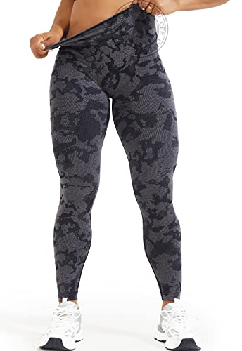 CFR Women's Big Camo Print Seamless Leggings High Waist Workout Stripe Butt Lifting Tummy Control Ruched Yoga Pants Compression Sports Stretch Workout Fitness Gym Exercise Daily Dress Camo Black M