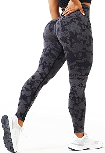 CFR Women's Big Camo Print Seamless Leggings High Waist Workout Stripe Butt Lifting Tummy Control Ruched Yoga Pants Compression Sports Stretch Workout Fitness Gym Exercise Daily Dress Camo Black M