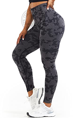 CFR Women's Big Camo Print Seamless Leggings High Waist Workout Stripe Butt Lifting Tummy Control Ruched Yoga Pants Compression Sports Stretch Workout Fitness Gym Exercise Daily Dress Camo Black M