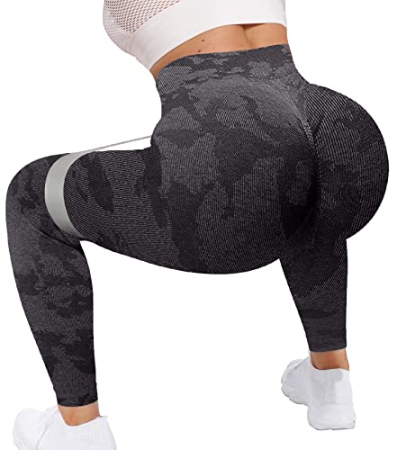 CFR Women's Big Camo Print Seamless Leggings High Waist Workout Stripe Butt Lifting Tummy Control Ruched Yoga Pants Compression Sports Stretch Workout Fitness Gym Exercise Daily Dress Camo Black M