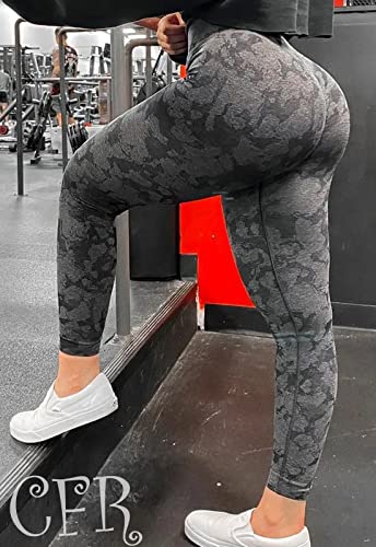 CFR Women's Big Camo Print Seamless Leggings High Waist Workout Stripe Butt Lifting Tummy Control Ruched Yoga Pants Compression Sports Stretch Workout Fitness Gym Exercise Daily Dress Camo Black M