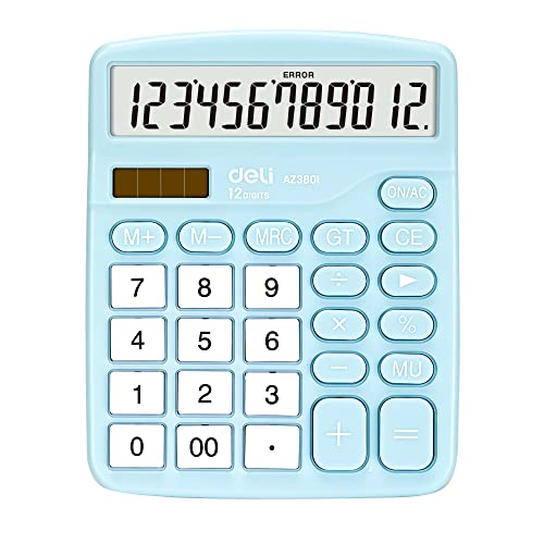 Calculator, Deli Standard Function Desktop Calculators with 12 Digit Large LCD Display and Sensitive Button, Solar Battery Dual Power Office Calculator, Blue