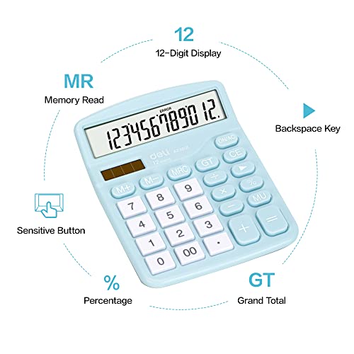 Calculator, Deli Standard Function Desktop Calculators with 12 Digit Large LCD Display and Sensitive Button, Solar Battery Dual Power Office Calculator, Blue