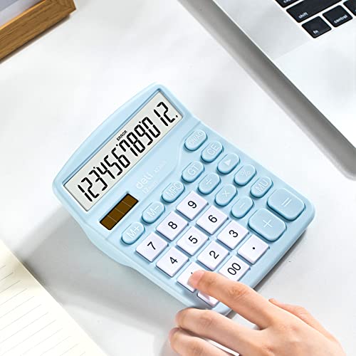 Calculator, Deli Standard Function Desktop Calculators with 12 Digit Large LCD Display and Sensitive Button, Solar Battery Dual Power Office Calculator, Blue