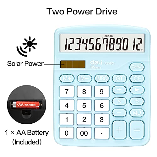 Calculator, Deli Standard Function Desktop Calculators with 12 Digit Large LCD Display and Sensitive Button, Solar Battery Dual Power Office Calculator, Blue