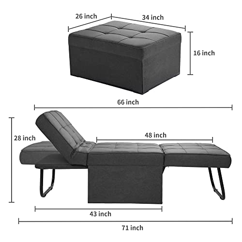 Sofa Bed, 4 in 1 Multi-Function Folding Ottoman Breathable Linen Couch Bed with Adjustable Backrest Modern Convertible Chair for Living Room Apartment Office, Dark Grey