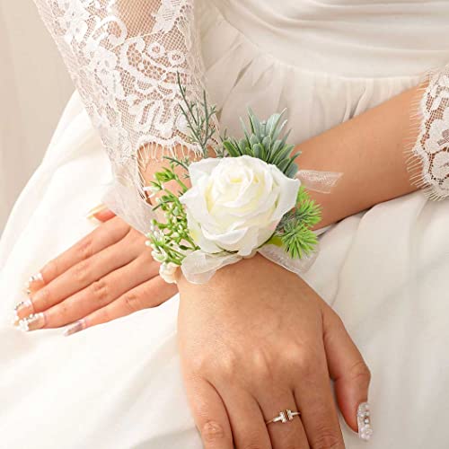 CASDRE Bridal Wrist Corsage Pearl Bride Wedding Hand Flower Corsage Wristlet Wedding Accessories for Women and Girls (White)