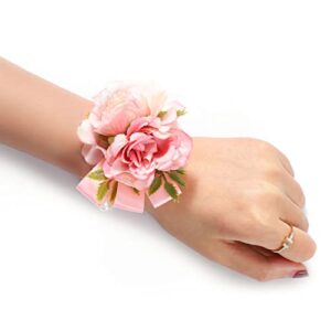 CASDRE Bride Wedding Wrist Corsage Bridal Hand Flower Pearl Corsage Wristlet Wedding Accessories for Women and Girls (Pink)