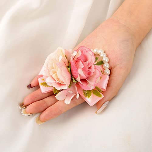 CASDRE Bride Wedding Wrist Corsage Bridal Hand Flower Pearl Corsage Wristlet Wedding Accessories for Women and Girls (Pink)