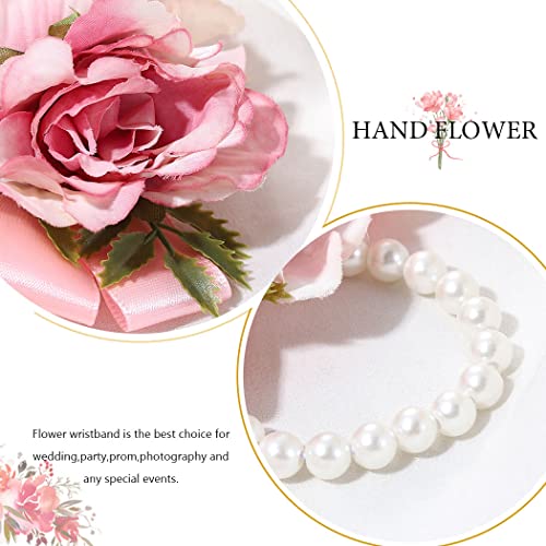 CASDRE Bride Wedding Wrist Corsage Bridal Hand Flower Pearl Corsage Wristlet Wedding Accessories for Women and Girls (Pink)