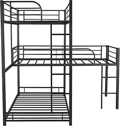 STP-Y Metal Bunk Bed with Desk, Twin Over Twin Over Full Bunk Beds, L-Shaped Metal Triple Twin Over Full Bunk Bed Teens Adult, Black with Desk (Color : Black)