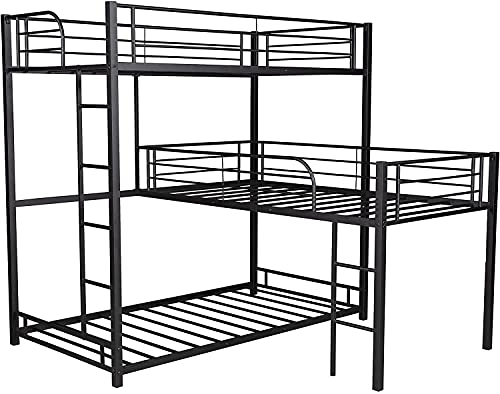 STP-Y Metal Bunk Bed with Desk, Twin Over Twin Over Full Bunk Beds, L-Shaped Metal Triple Twin Over Full Bunk Bed Teens Adult, Black with Desk (Color : Black)