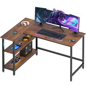 woodynlux l shaped desk - 43 inch gaming desk, computer corner desk, home office writing desk with shelf, space-saving workstation table, modern simple wooden desk, rustic brown