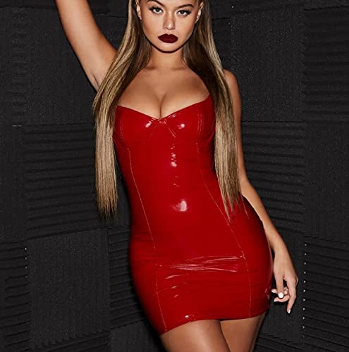 Womens Latex Mini Dress Faux Leather Bodycon Sexy Club Dresses for Women Small