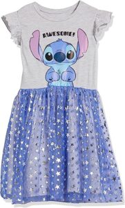 disney big stitch ruffle sleeve tulle dress-girls sizes 4-16, heather/blue, 7-8