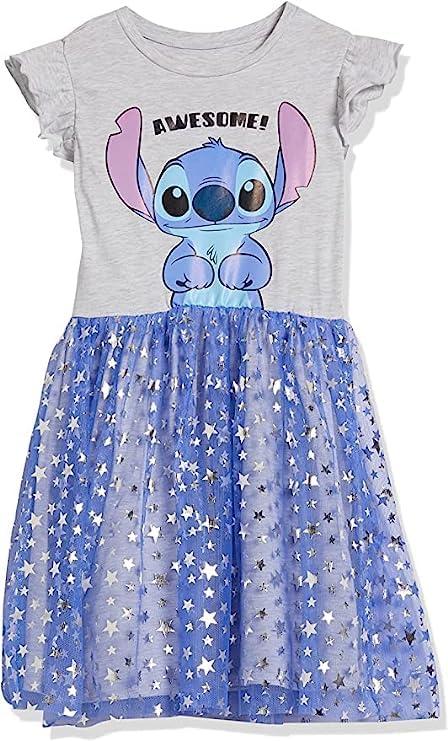 Disney Big Stitch Ruffle Sleeve Tulle Dress-Girls Sizes 4-16, Heather/Blue, 7-8