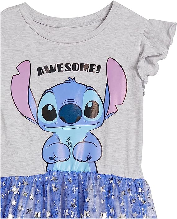 Disney Big Stitch Ruffle Sleeve Tulle Dress-Girls Sizes 4-16, Heather/Blue, 7-8