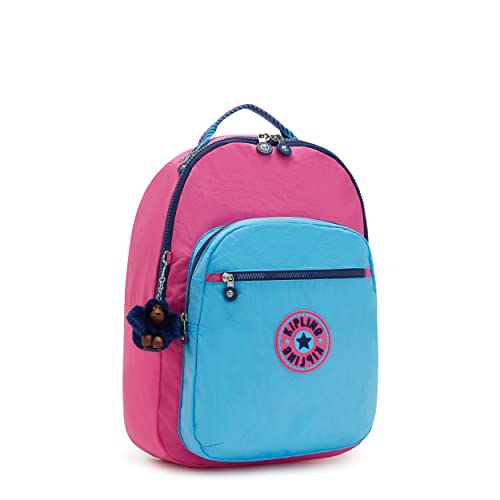 Kipling Women's Seoul 15” Laptop Backpack, Durable, Roomy with Padded Shoulder Straps, Nylon Bag, Pink Blue CBV2, 12.75''L x 17.25''H x 9''D