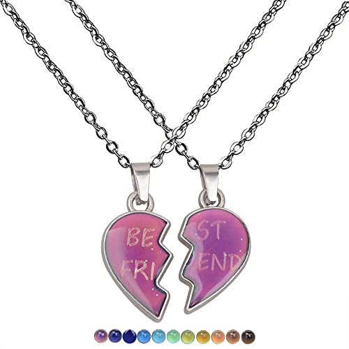 2pcs Matching Heart Mood Necklace Stainless Steel Temperature Sensing Color Changing Love Shape Mood Necklace for Best Friend-BF