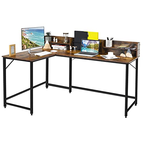 Tangkula 66.5 Inches L-Shaped Desk, Space Saving Corner Computer Desk with Hutch, Study Writing Desk with Storage Shelves Heavy Duty Steel Frame, Gaming Desk Computer Workstation for Home & Office