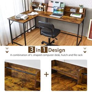 Tangkula 66.5 Inches L-Shaped Desk, Space Saving Corner Computer Desk with Hutch, Study Writing Desk with Storage Shelves Heavy Duty Steel Frame, Gaming Desk Computer Workstation for Home & Office