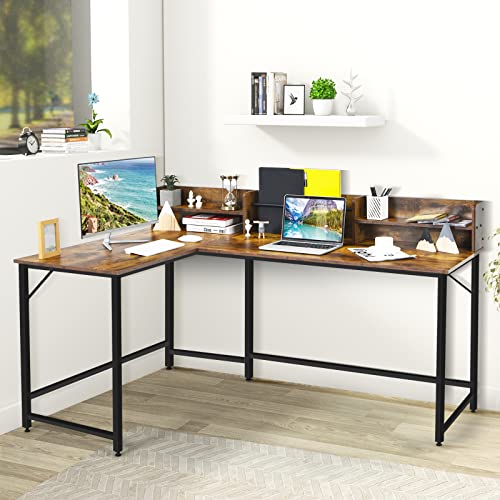 Tangkula 66.5 Inches L-Shaped Desk, Space Saving Corner Computer Desk with Hutch, Study Writing Desk with Storage Shelves Heavy Duty Steel Frame, Gaming Desk Computer Workstation for Home & Office