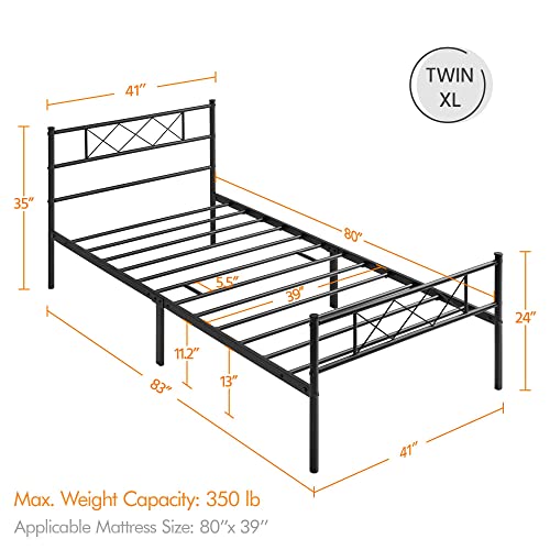 Yaheetech Twin XL Metal Platform Bed Frame Mattress Foundation with Headboard and Footboard No Box Spring Needed Under Bed Storage Steel Slats Black