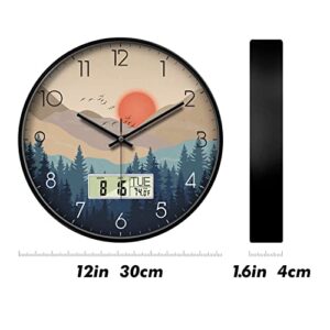 Silent Wall Clock with Day Week Temperature Wilderness with Sunset Non-ticking Battery Operated Large Digital Modern Clocks Display with Calendar and Date for Kitchen Farmhouse Bathroom Office 12 Inch