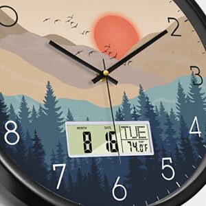 Silent Wall Clock with Day Week Temperature Wilderness with Sunset Non-ticking Battery Operated Large Digital Modern Clocks Display with Calendar and Date for Kitchen Farmhouse Bathroom Office 12 Inch